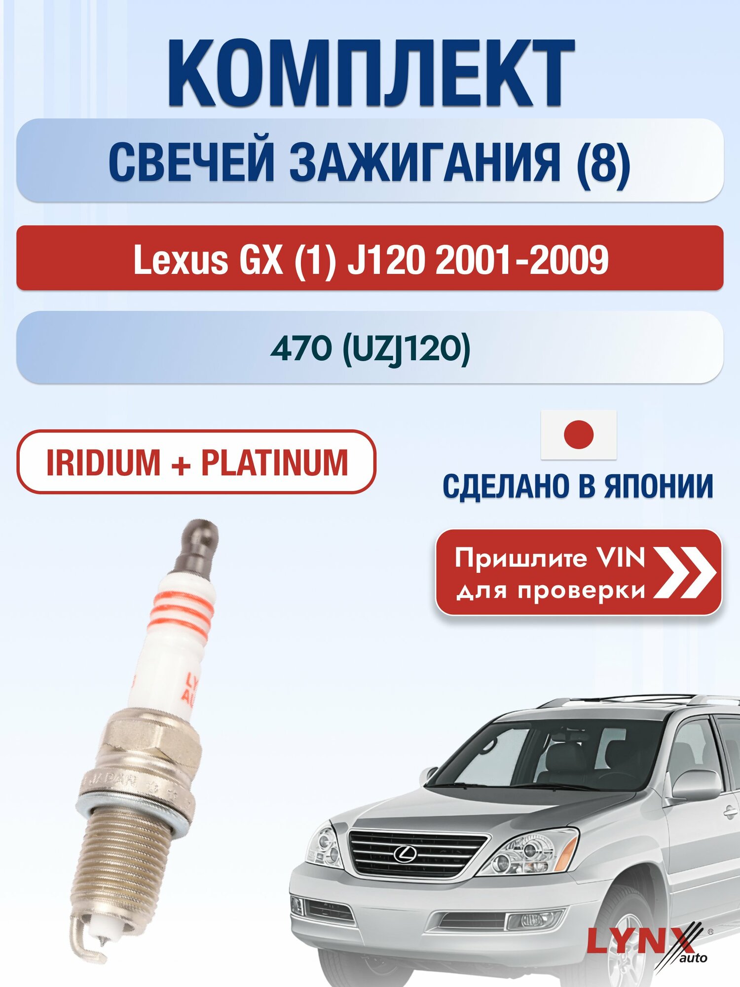 Свечи зажигания на Lexus GX (1) J120, комплект 8 шт / 2001-2009 / Двигатель 470 (UZJ120) (2UZ-FE) 2UZ-FE SР-173 LYNXauto