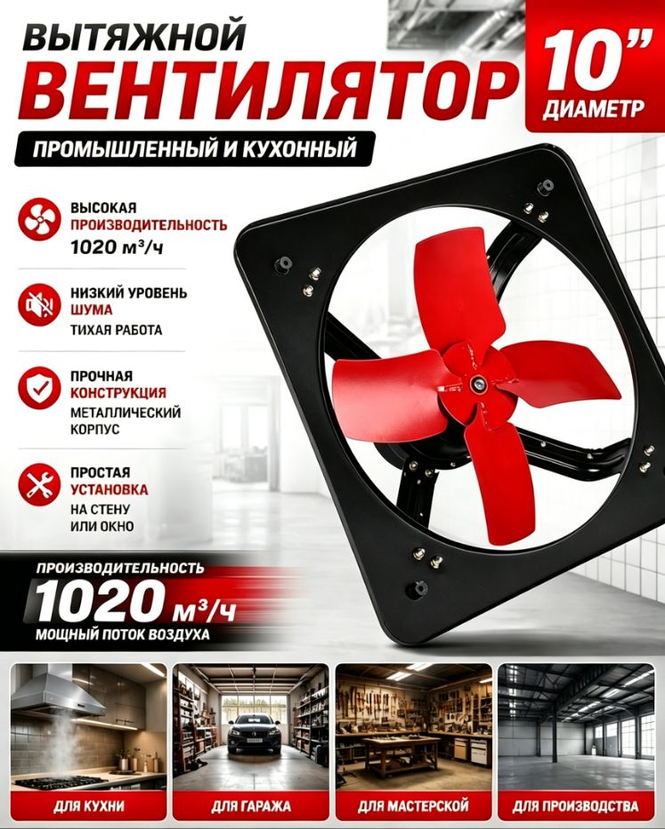 Вентилятор вытяжной промышленный 10" осевой настенный для кухни, мастерской и гаража (оконный воздуховод, мощная вентиляция, 1 шт)