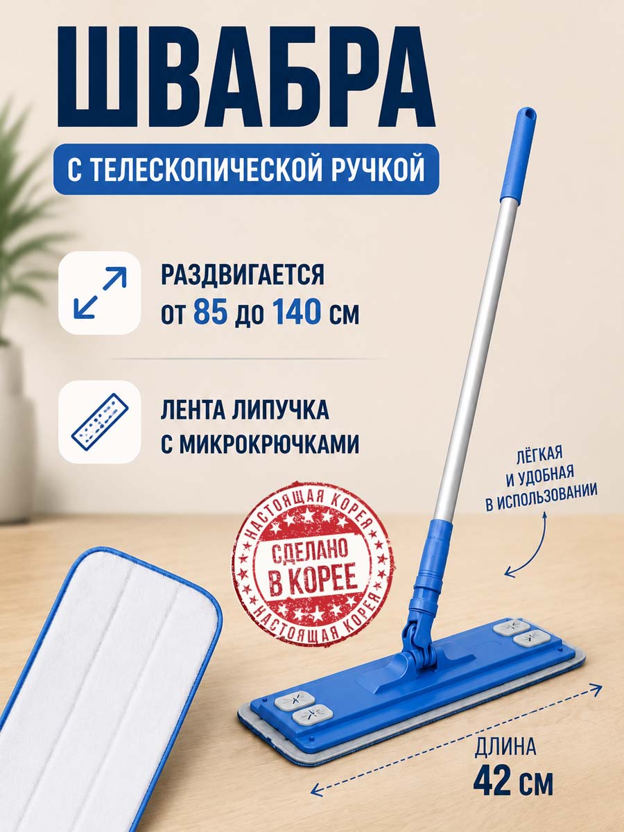 Швабра с телескопической ручкой для мытья полов, 42 см. Корея