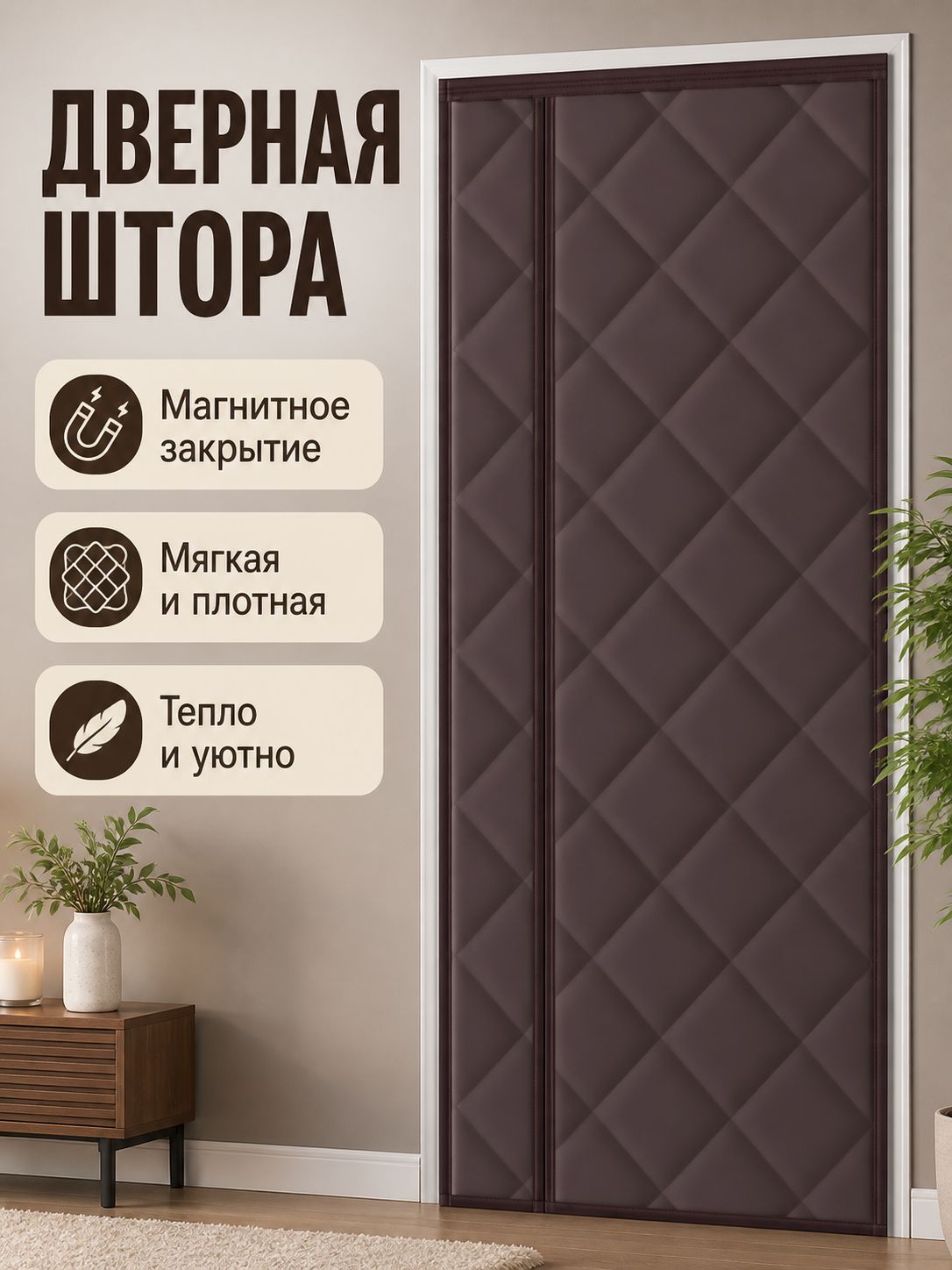 Хлопковая дверная штора с боковым открытием, 90x200 см, кофейный оксфорд, утепленная на зиму с магнитной застежкой