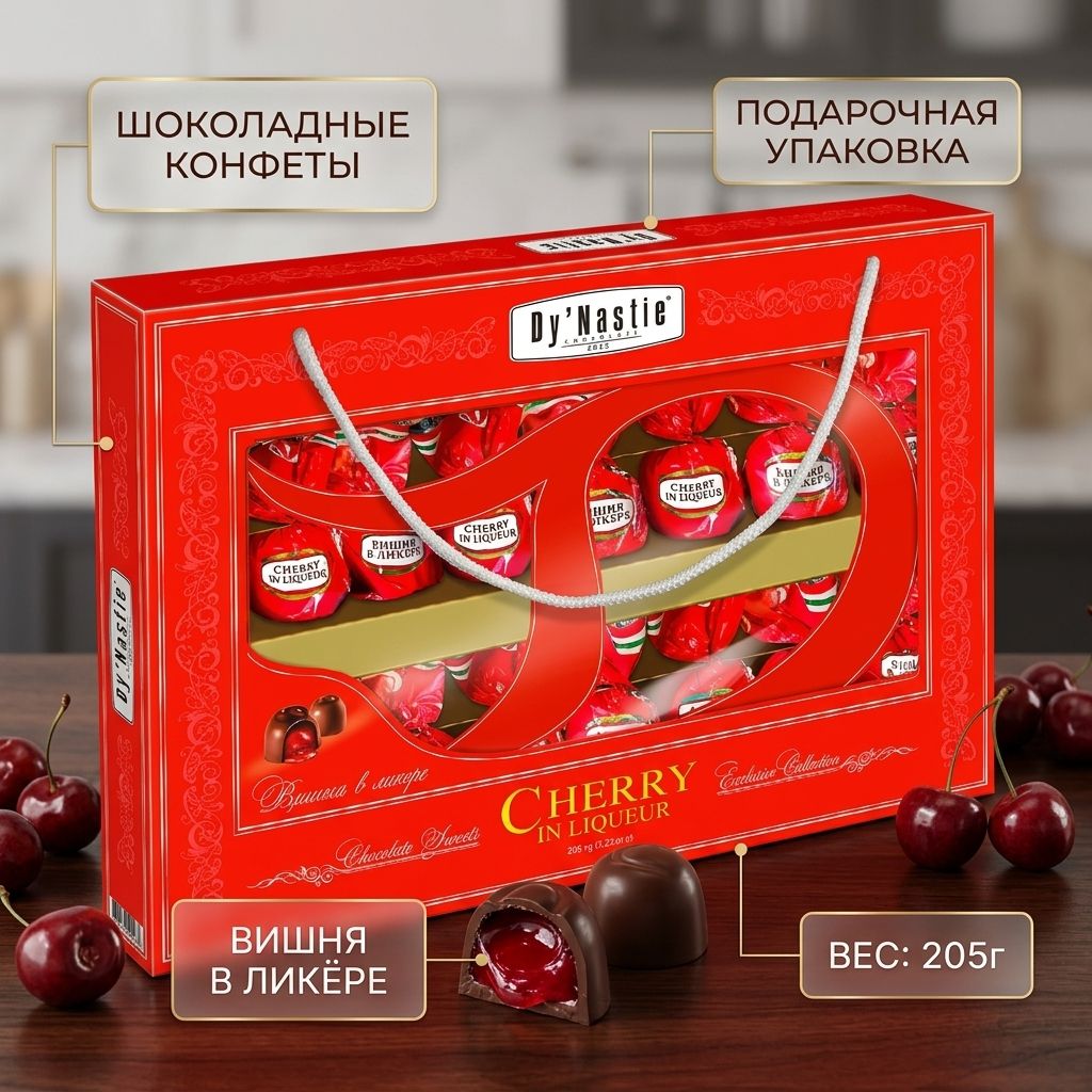 Конфеты Dy Nastie CHERRY IN LIQUEUR шоколадные "Вишня в ликёре" /упак. окно с ручкой/ 205г