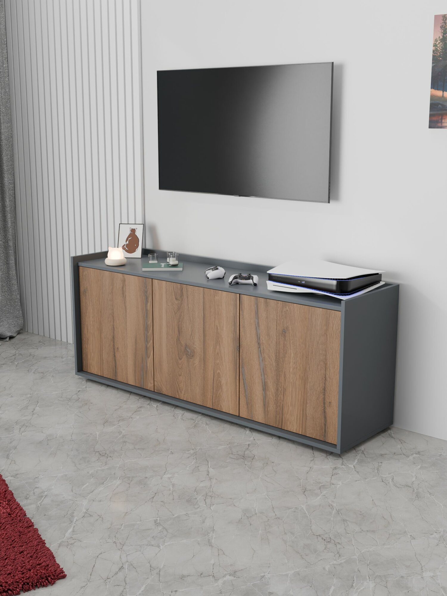 Изумлит Тумба под телевизор, тумба в прихожую Бэк 150х60х40 см, графит - дуб крафт табачный
