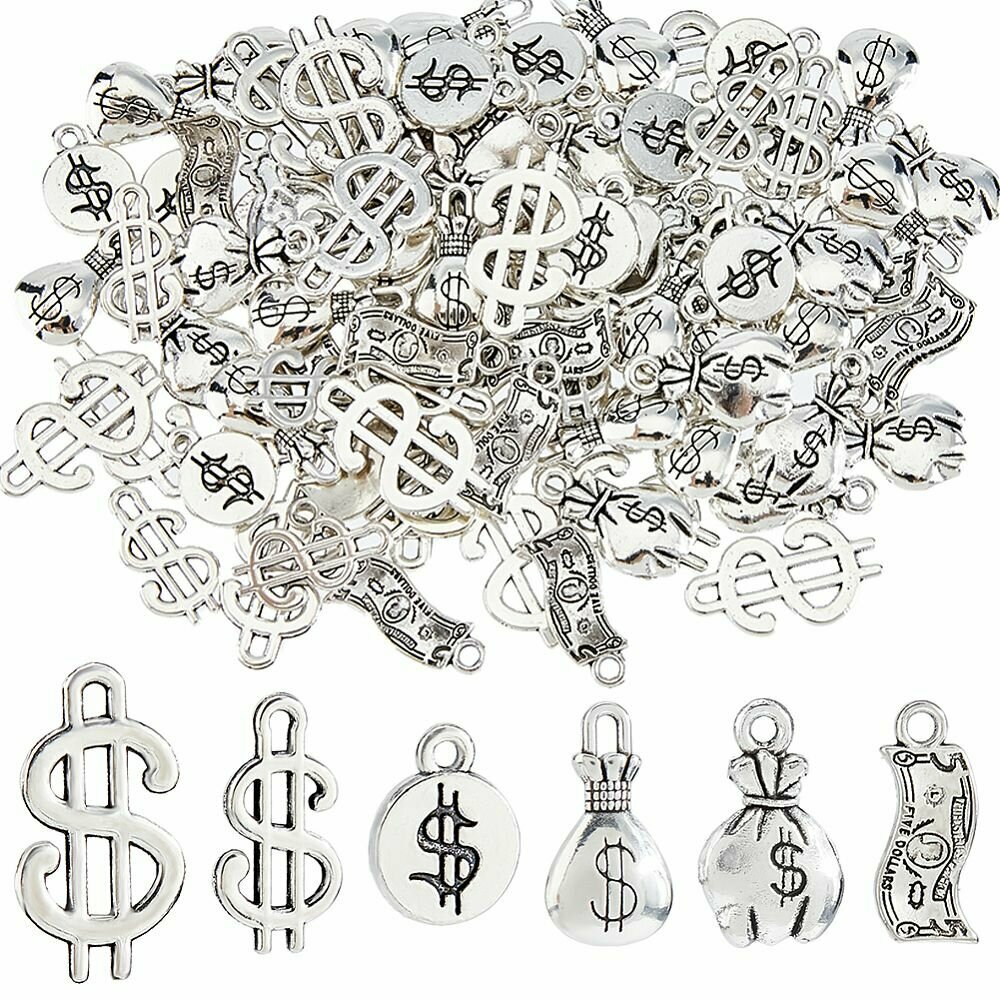 96 шт, 6 стилей, подвески из сплава в тибетском стиле, знак доллара, античное серебро