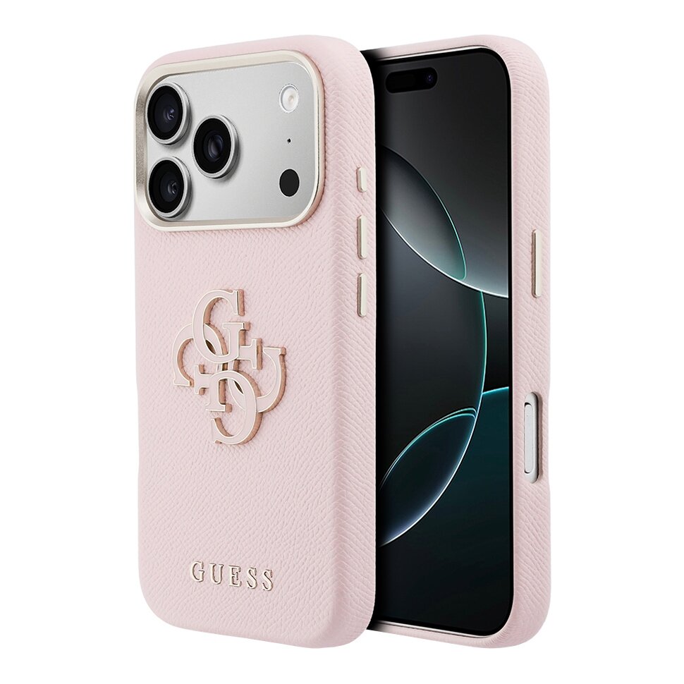 Guess чехол для iPhone 17 Pro Max, кожа Saffiano Full Wrapped, 4G Big Resin logo & Metal Camera, розовый