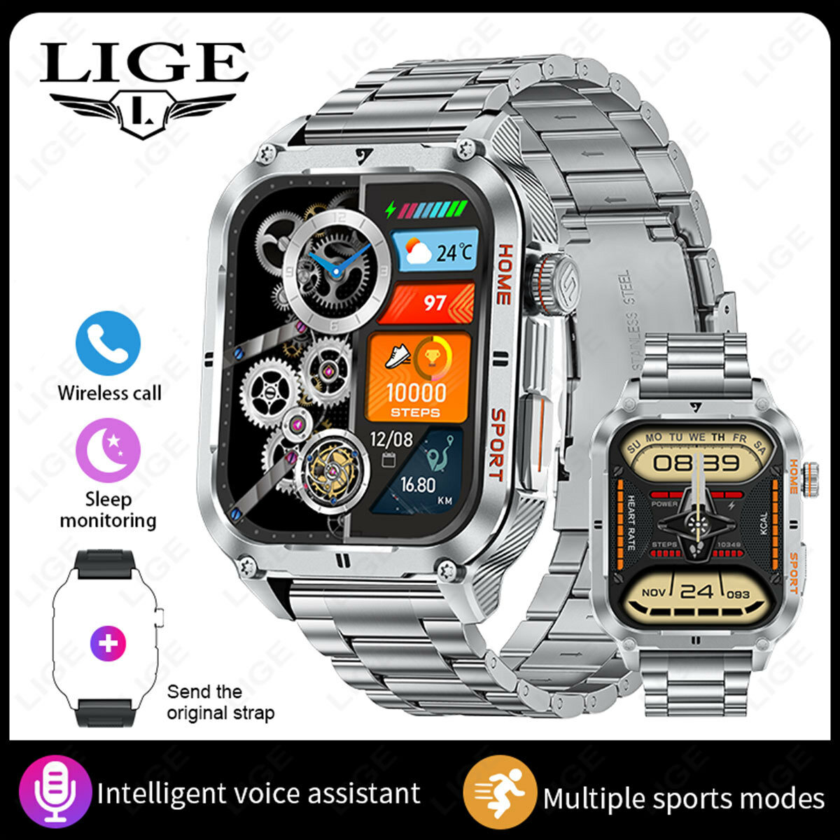Умные часы LIGE для мужчин с функцией звонков, измерения пульса и давления, Стальной случай серебра пояса