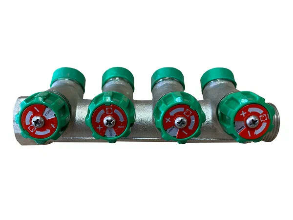 Коллектор с регулирующими вентилями 2 выхода 1"х1/2" нар. р, латунь, VALTEC , арт. VTc.560. NG.0602 Зеленые ручки.