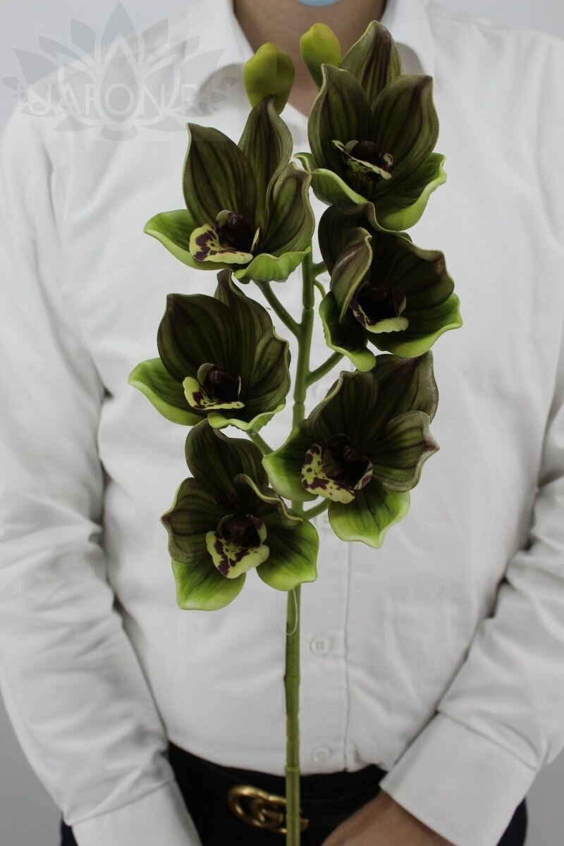 Искусственные цветы премиум для кашпо декора и интерьера Орхидея 3D латекс цимбидиум зеленый