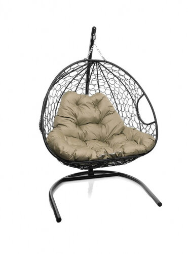 Подвесное кресло кокон двухместное M-group для двоих с ротангом чёрное+бежевая подушка