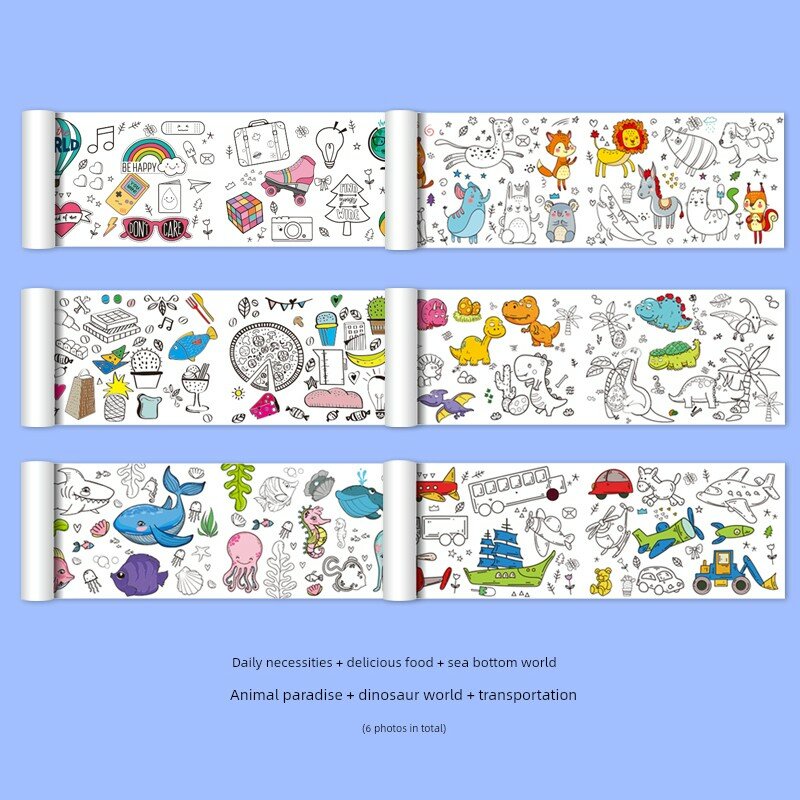 Детская бумага для рисования 5,4 метра длиной, шесть листов, темы жизнь, еда, море, животные, динозавры, транспорт, 24