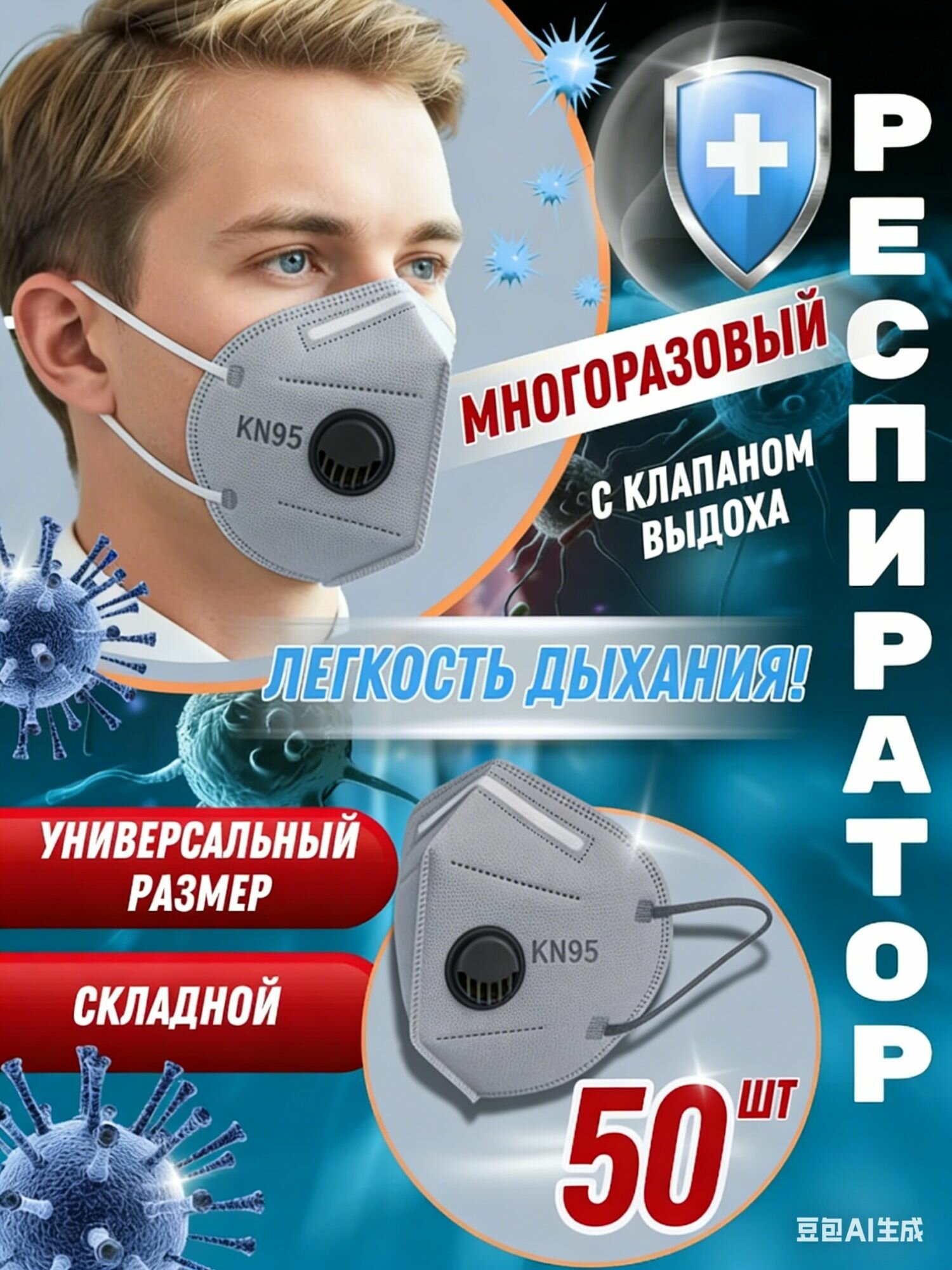 Респиратор многоразовый с клапаном FFP2 маска KN95 100 шт