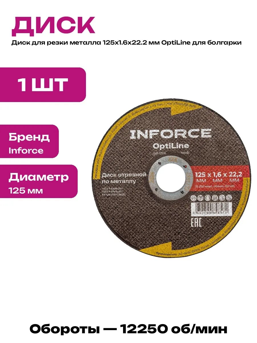 Диск для резки металла 125х1.6х22.2 мм OptiLine для болгарки