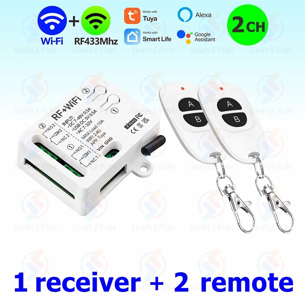 Умный выключатель 2CH, WiFi + RF433MHz, Tuya, Alexa, Google