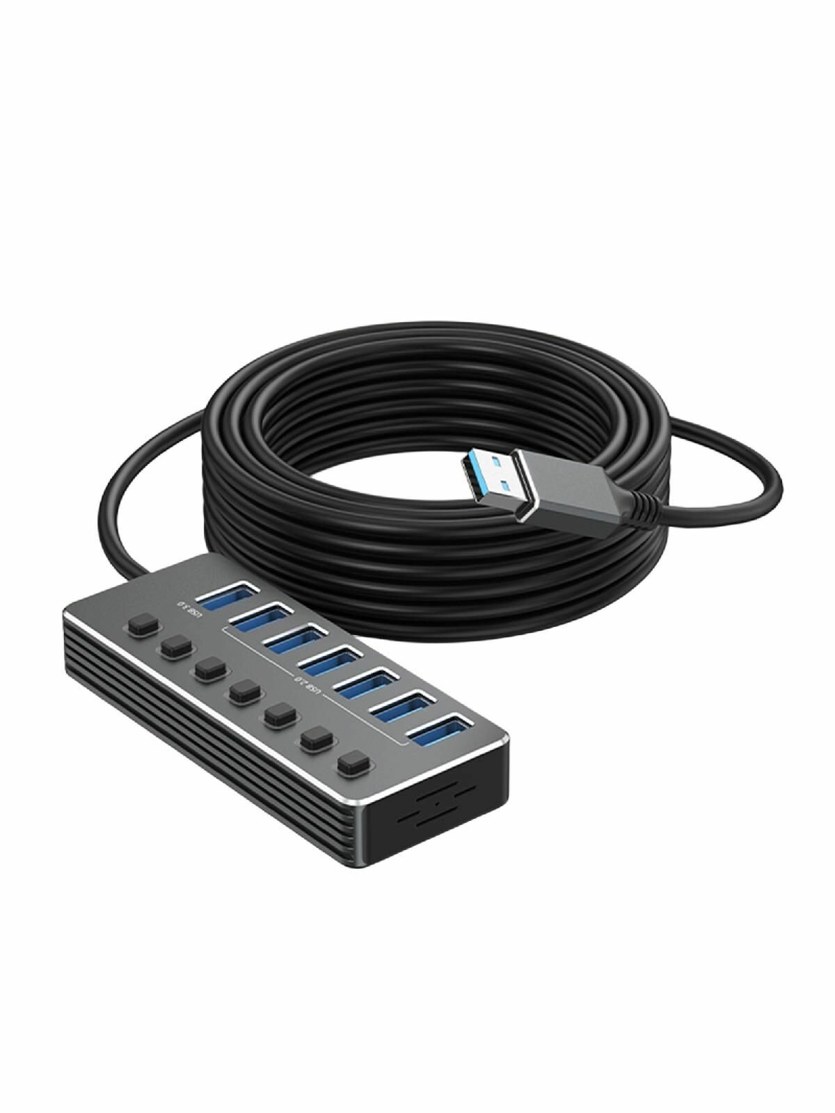 (1 шт.) Алюминиевый 7-портовый концентратор с независимыми выключателями (1xUSB 3.0 + 6xUSB 2.0) 500 см, прямой штекер