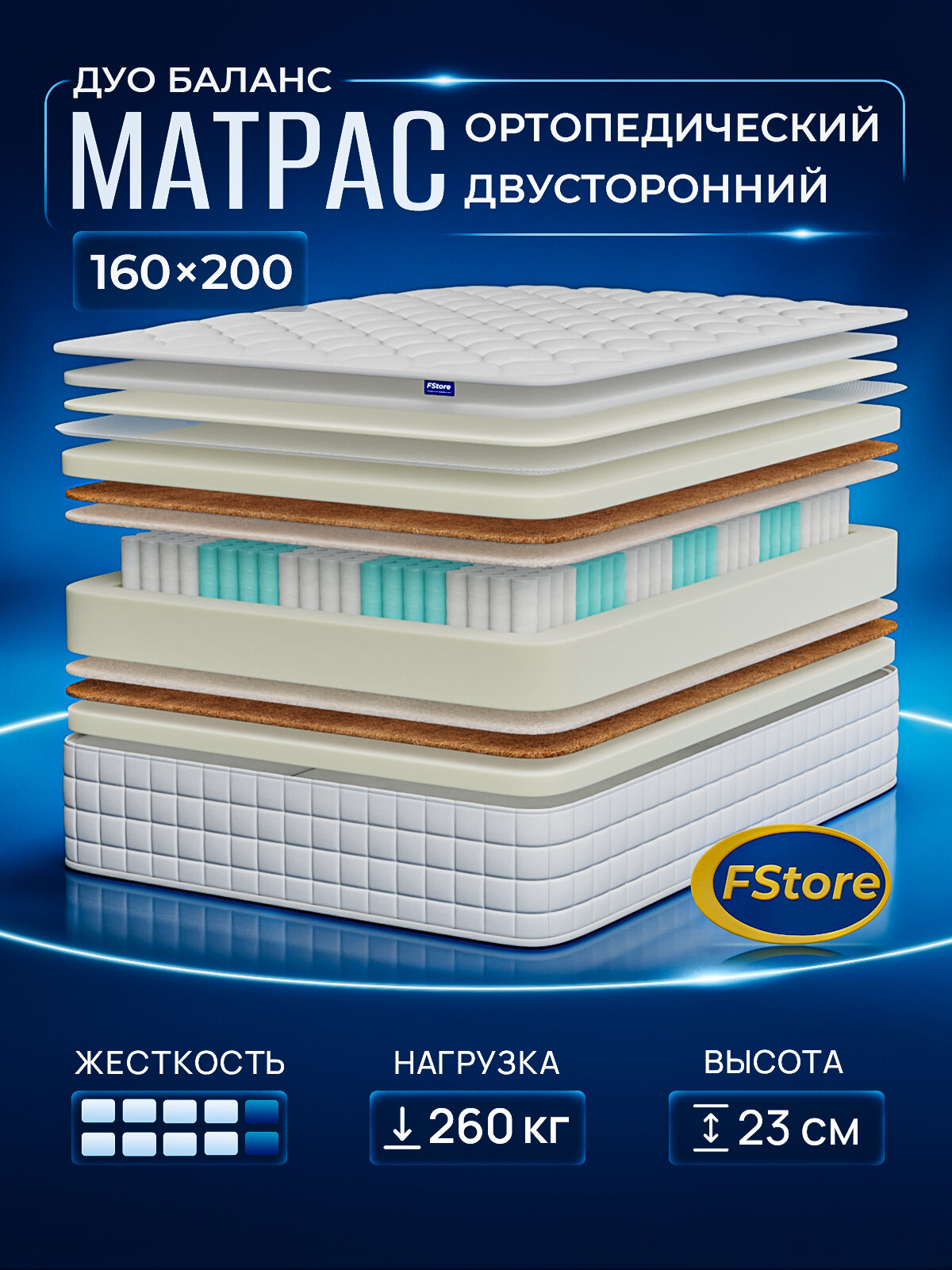 Матрас FStore Дуо Баланс, 160х200 см, Независимые пружины, Ортопедический