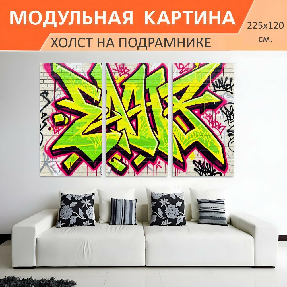Модульная картина на холсте "Яркий уличный граффити-арт. Неоновая стрит-арт композиция на кирпичной стене: крупные абстрактные буквы." триптих на подрамнике 225х120 см. для интерьера
