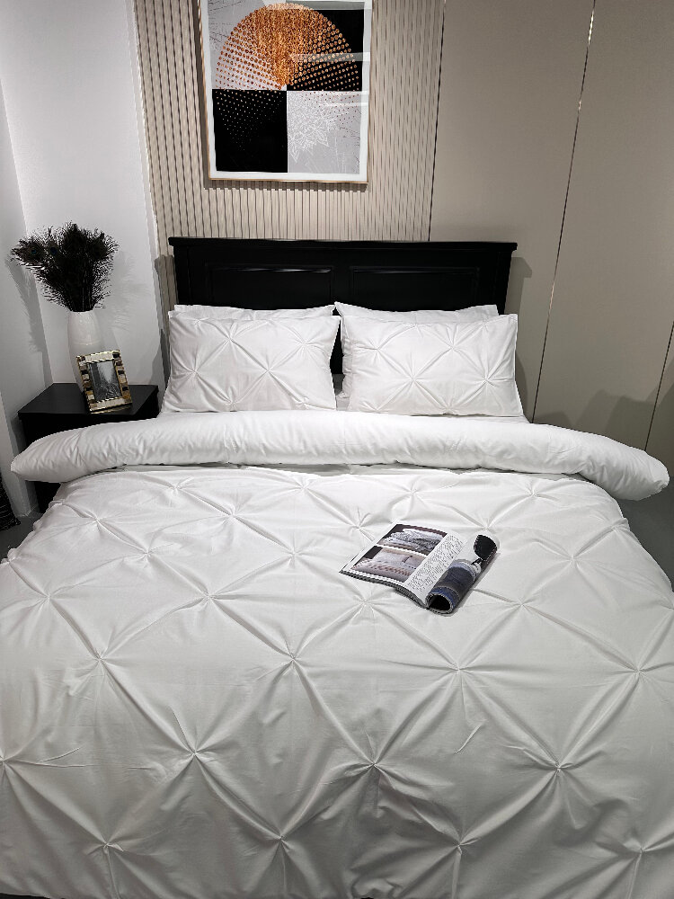 Easy Home Textiles Pure White Pure Cotton Handmade Pleated European-Style Simple Duvet Cover All-Cotton Four-Piece Set