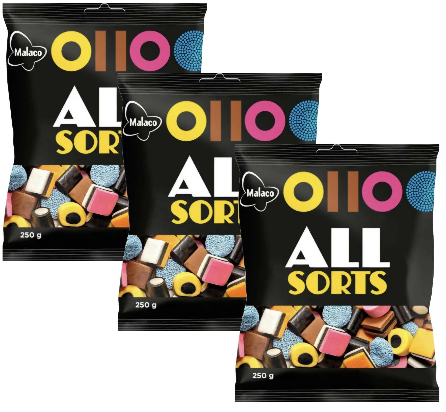 Конфеты лакричные ассорти Malaco OLLO Allsorts (Финляндия) 250 гр. х 3 шт.