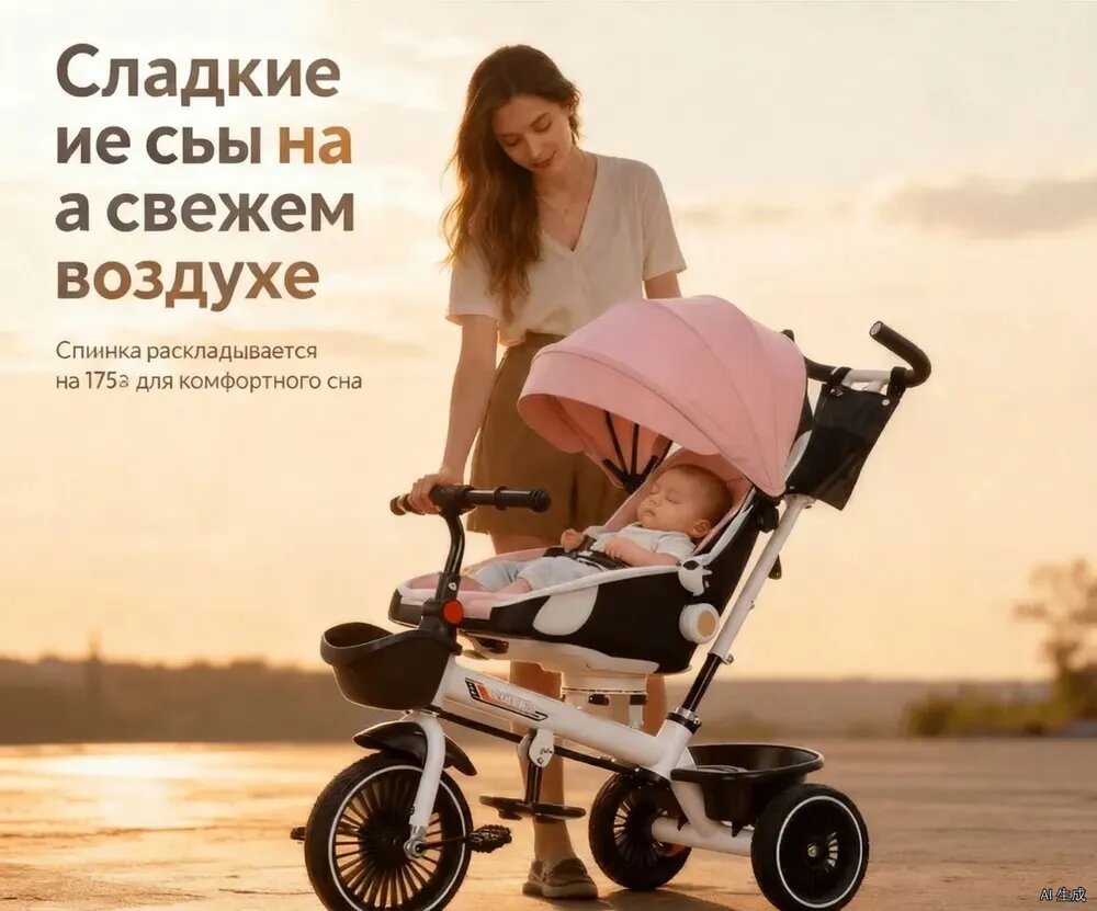 Детский трехколесный велосипед-трансформер 6-в-1, с поворотным на 360 и лежачим сиденьем, резиновыми колесами и родительской ручкой