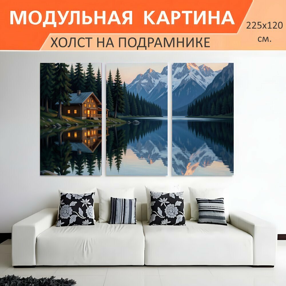Модульная картина на холсте "Альпийский дом у горного озера. Уютный деревянный дом у зеркальной воды, хвойный лес и лодка на берегу." триптих на подрамнике 225х120 см. для интерьера