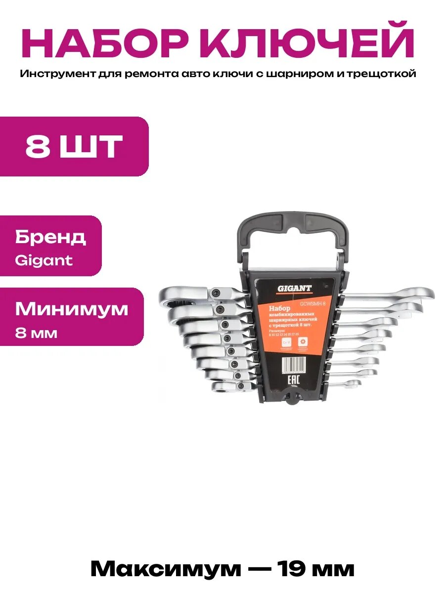 Набор ключей комбинированных с трещоткой в держателе 8-19мм