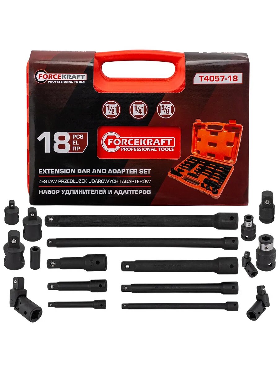 Набор FORCEKRAFT, удлинители и адаптеры, 18 шт, для слесарных работ
