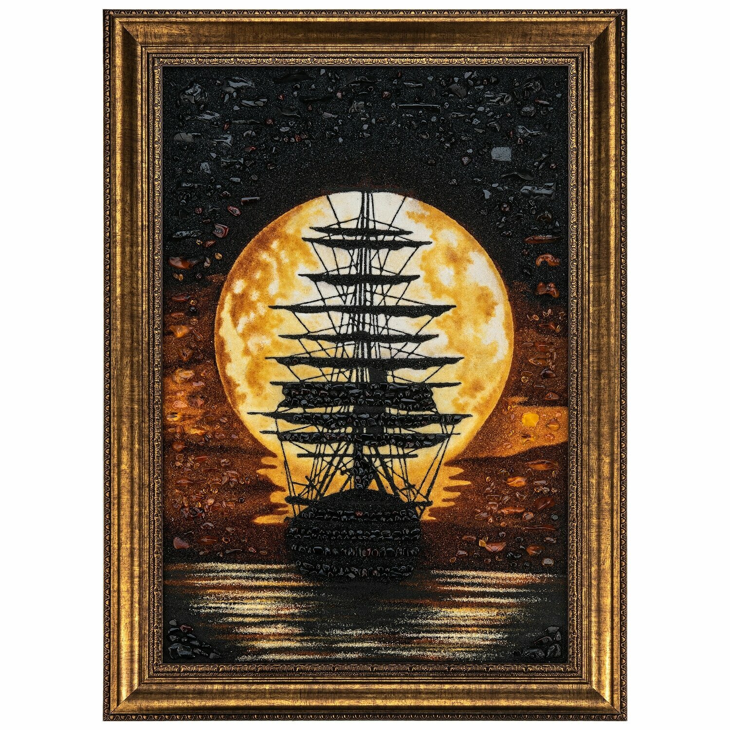 0090371- Картина янтарная "Закат. Парусник" 60*40 см