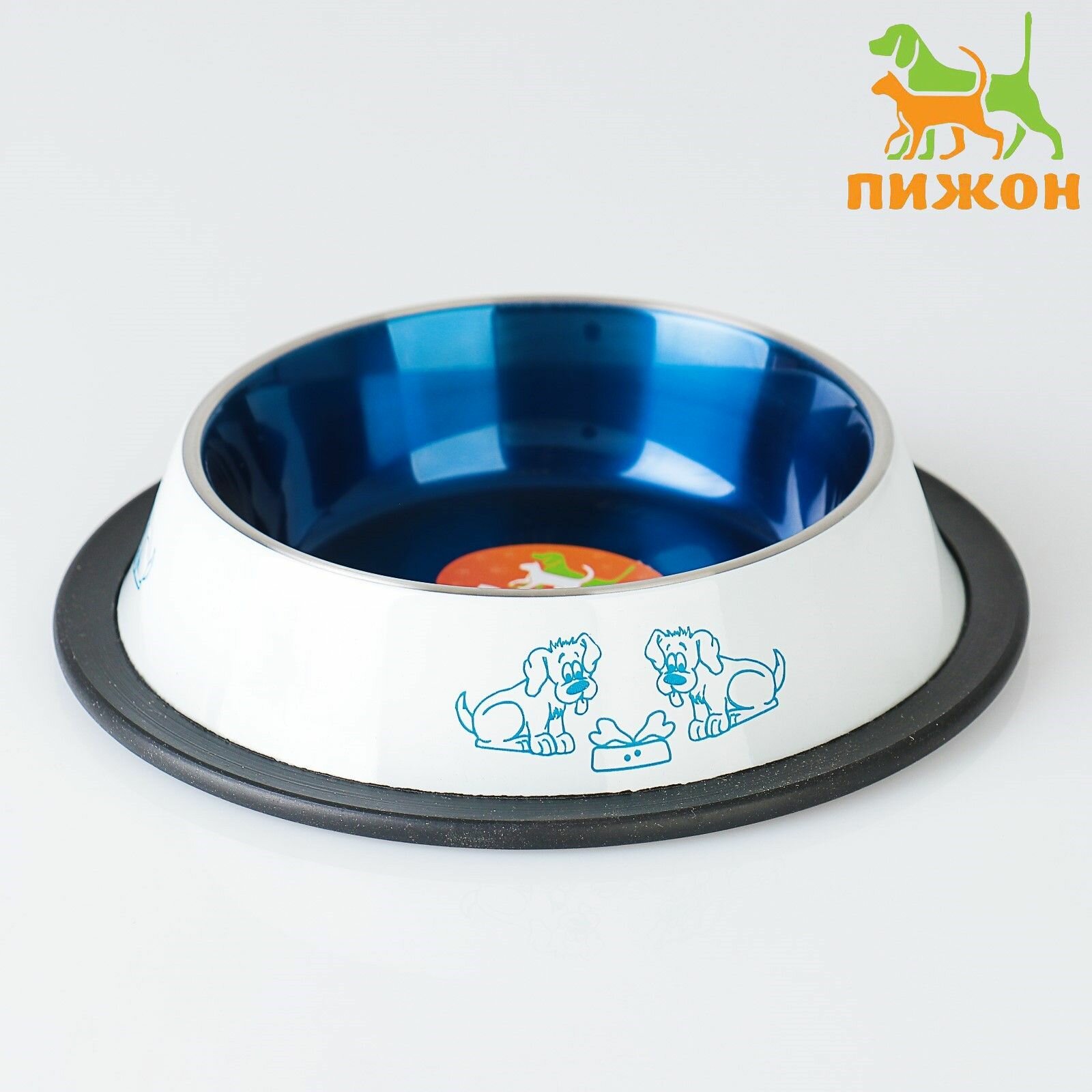 Миска металлическая декоративная цветная для кошек и собак, 15,5х4 см, 230 мл, с нескользящим основанием, белая, синяя.