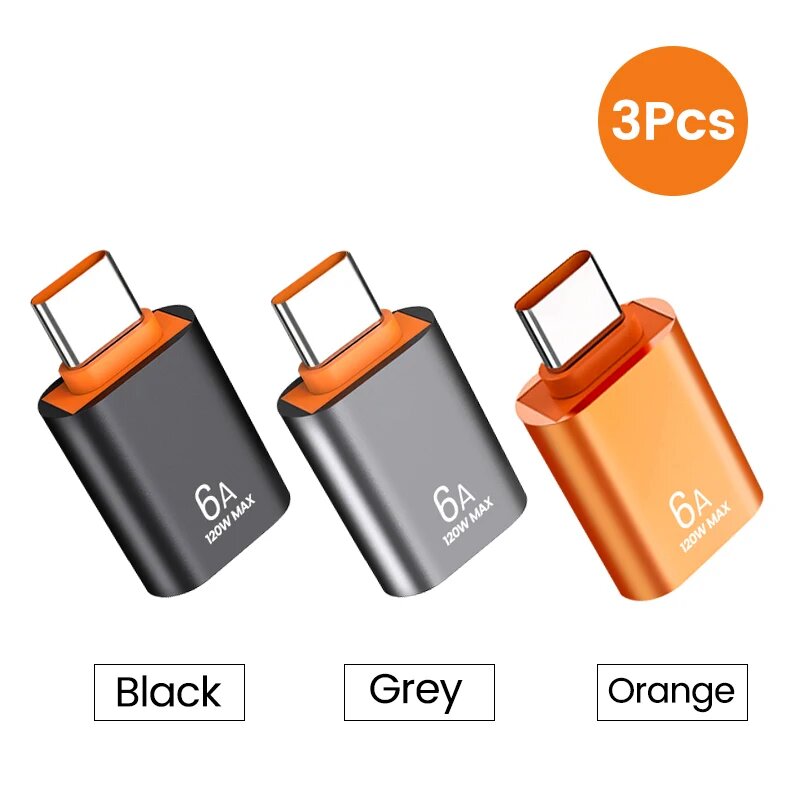 Адаптер Type-C на USB 3.0 6A 100W, 3шт, Mix