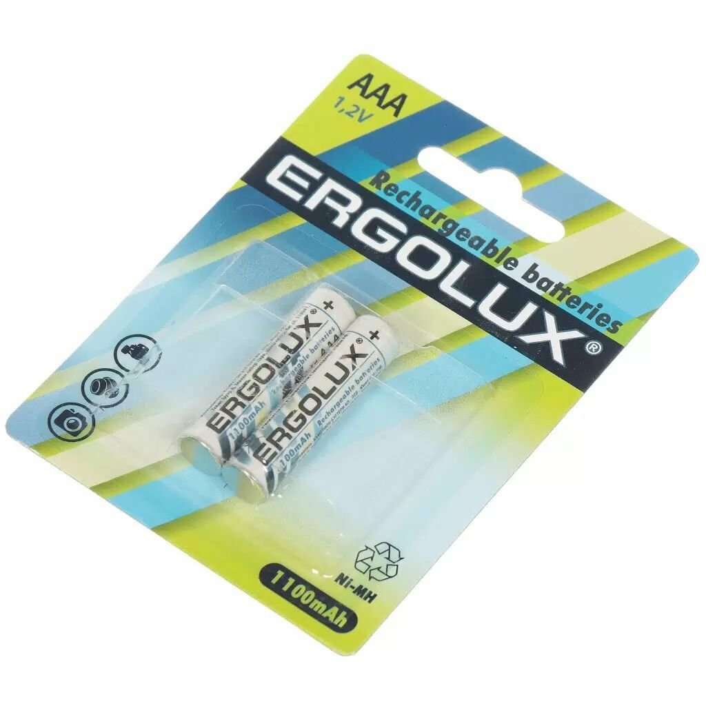 Аккумуляторные батарейки Ergolux ААА 1100 мАч Ni-Mh, 2 штуки в блистере, тип LR03 R3, надежные элементы питания 12446