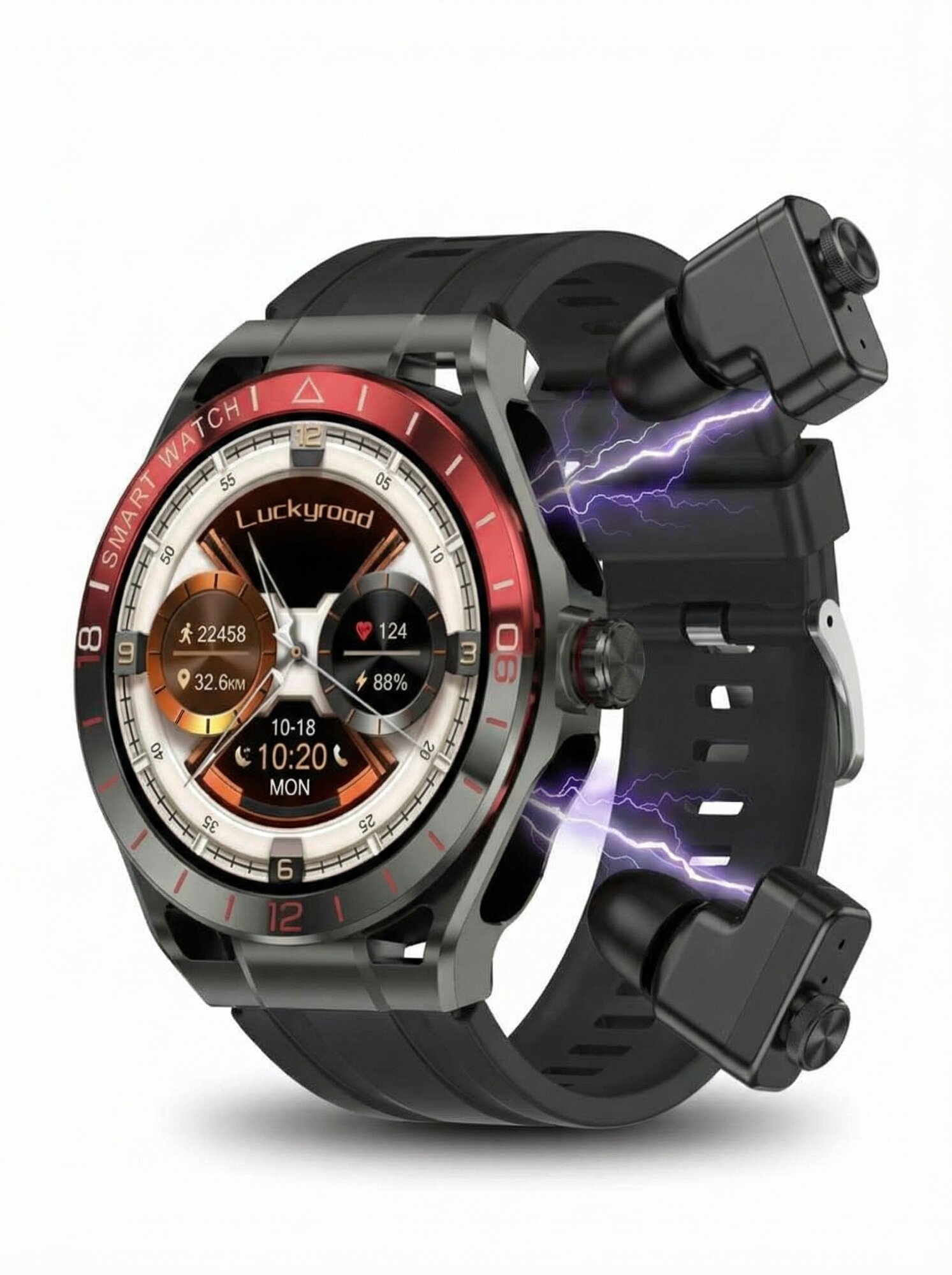 Смарт-часы LK Watch 32 2в1 с наушниками, Bluetooth, магнитная зарядка, AMOLED экран, черный красный