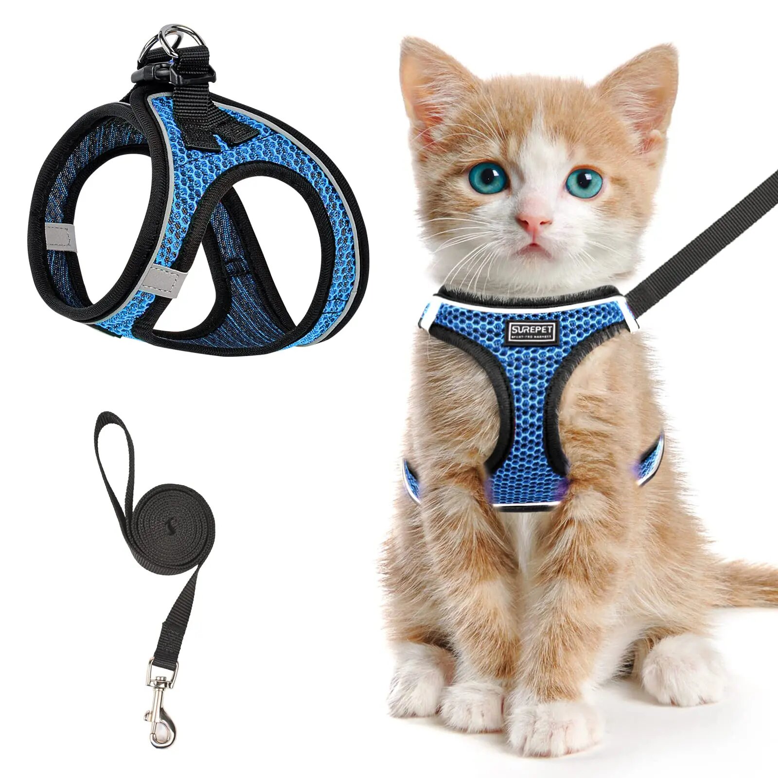 Светоотражающий мягкий сетчатый комплект шлейки и поводка для кошек XS（old）, Blue Harness Set