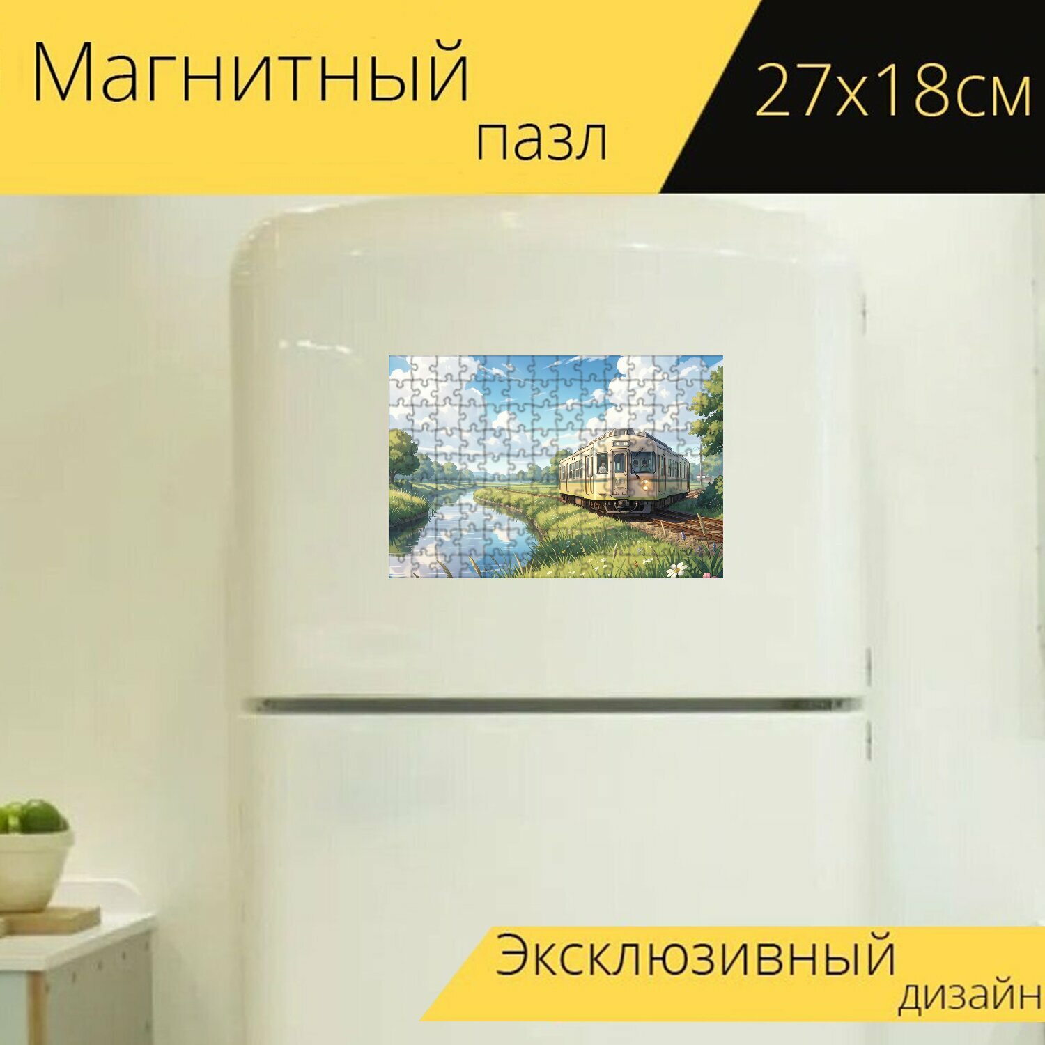 Магнитный пазл "Поезд у реки в летний день. Аниме-пейзаж с электричкой, идущей вдоль тихого водоема среди зеленых лугов и диких цветов. Яркое голубое." на холодильник 27 x 18 см.