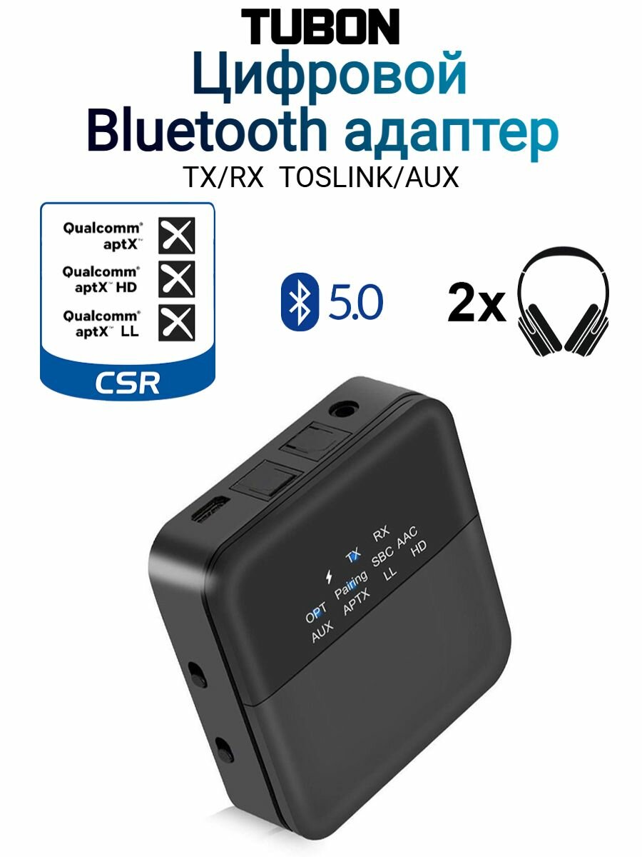 Bluetooth адаптер трансмиттер-ресивер Multipoint с TosLink SPDIF и AUX 3.5, CSR8675 B20 AptX, для двух наушников