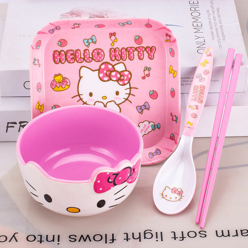 Миска для детей с мультяшным рисунком, посуда Hello Kitty, детская тарелка с защитой от падения, милая миска для еды, детская кружка для воды.