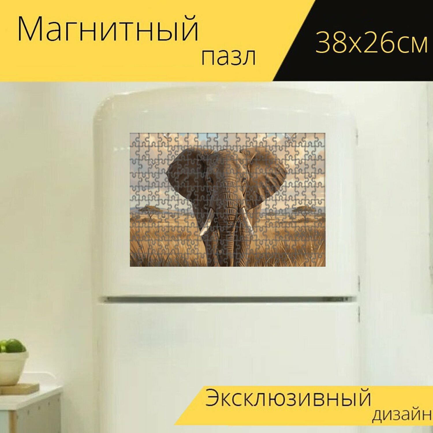 Магнитный пазл "Африканский слон в саванне. Величественный исполин с бивнями среди золотистой степи, акаций и летящих птиц. Живописная иллюстрация в теплых." для интерьера, 38х26 см.