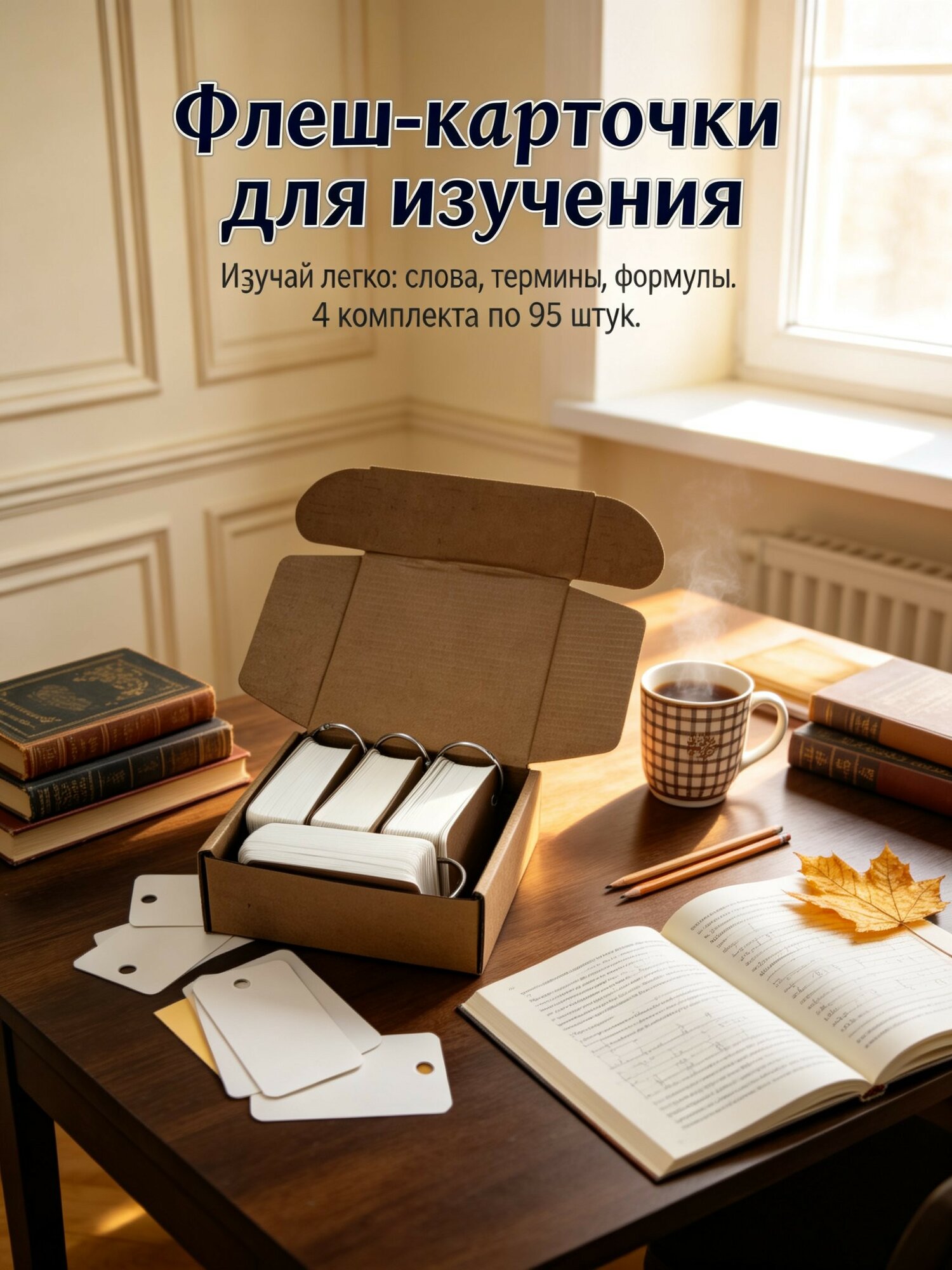 Флеш-карточки на металлическом кольце, бумажные для изучения иностранных слов, терминов и формул — 4 комплекта по 95 штук для запоминания и повторения