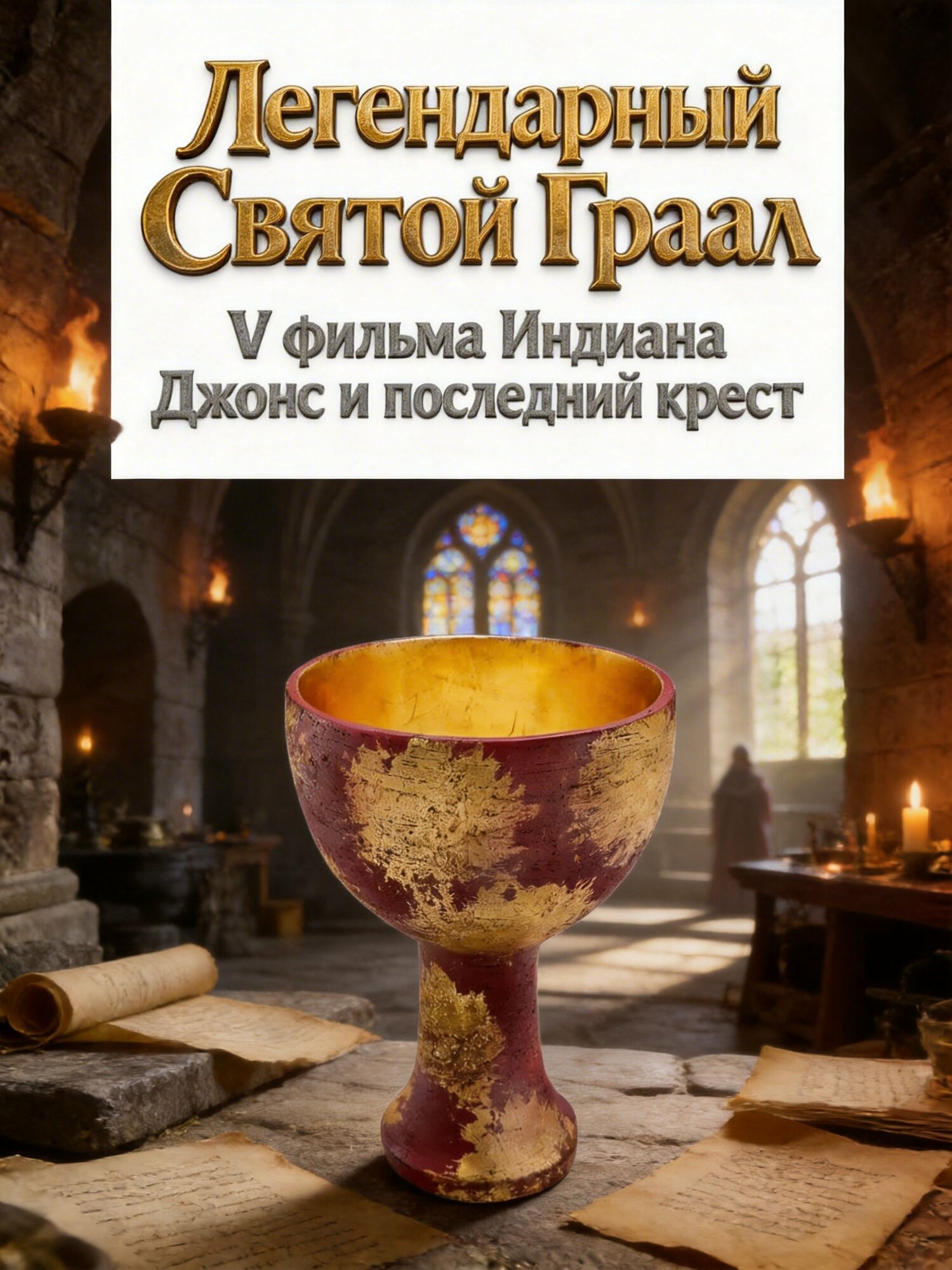 Винтажная чаша Святого Грааля из фильма Индиана Джонс — декоративная интерьерная деталь из смолы с золотистой патиной