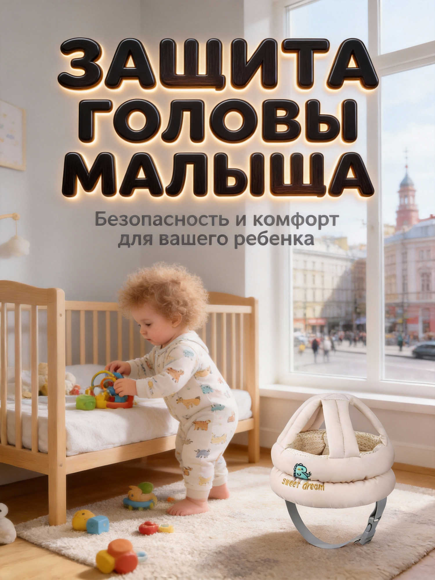 Детский противоударный шлем для ползания и первых шагов — защита головы 6 мес–2 года, с липучкой и лямками в доме