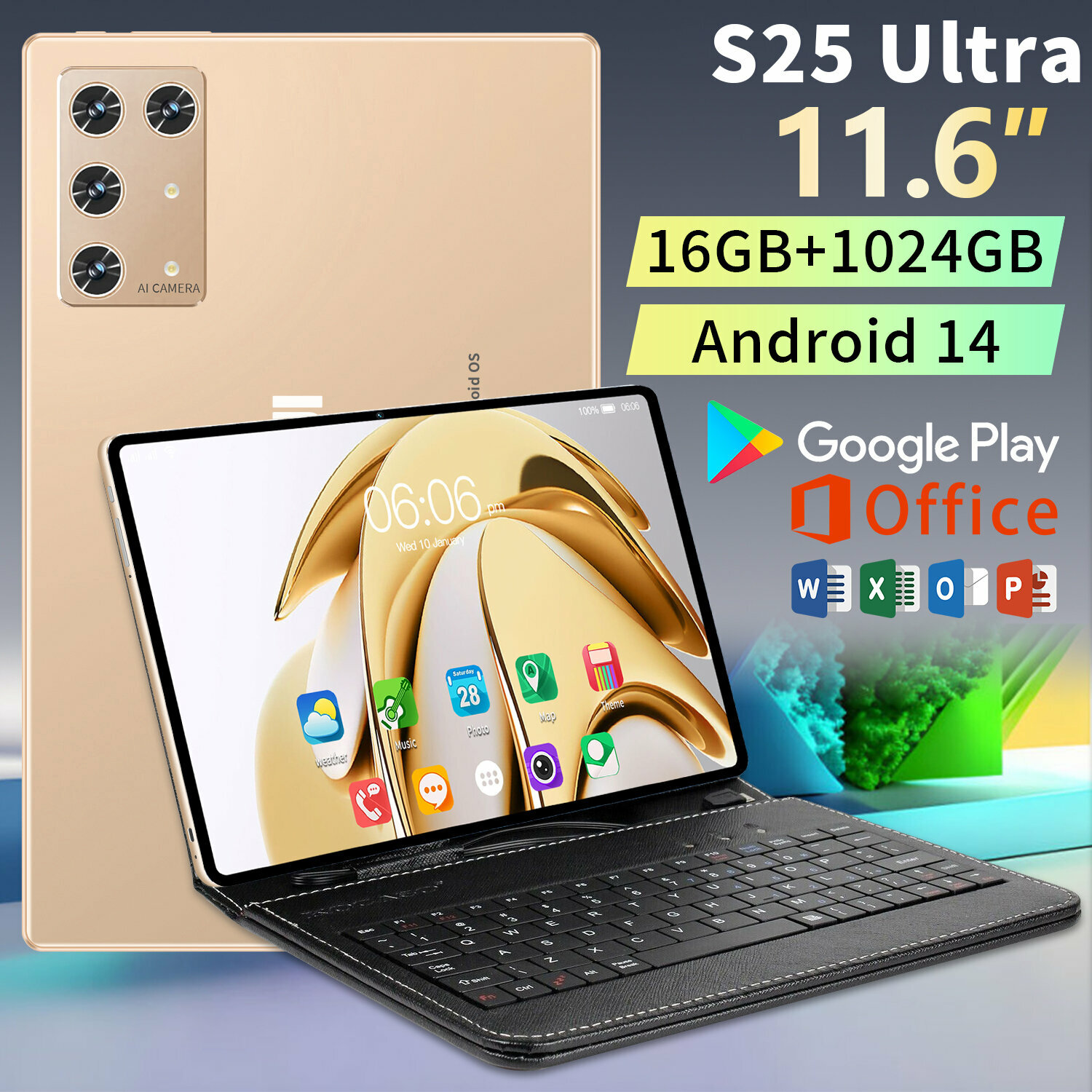 Игровой планшет S25 Ultra, A-GPS, 11.6", 1024ГБ, 16ГБ ОП, 2 SIM, золотисто-черный