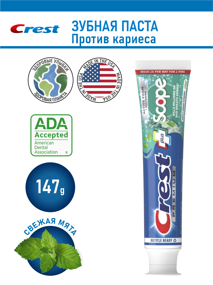 Зубная паста Crest Premium Plus Scope против кариеса со вкусом свежей мяты 147 гр.