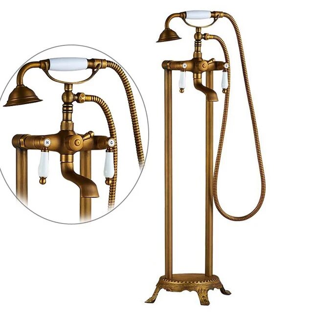 Кран для ванны Uythner Gold Floor Mounted с двумя ручками, набор для ванной и душевой комнаты, свободно стоящий смесительный кран для ванны с ручным душем — антик-бронза D