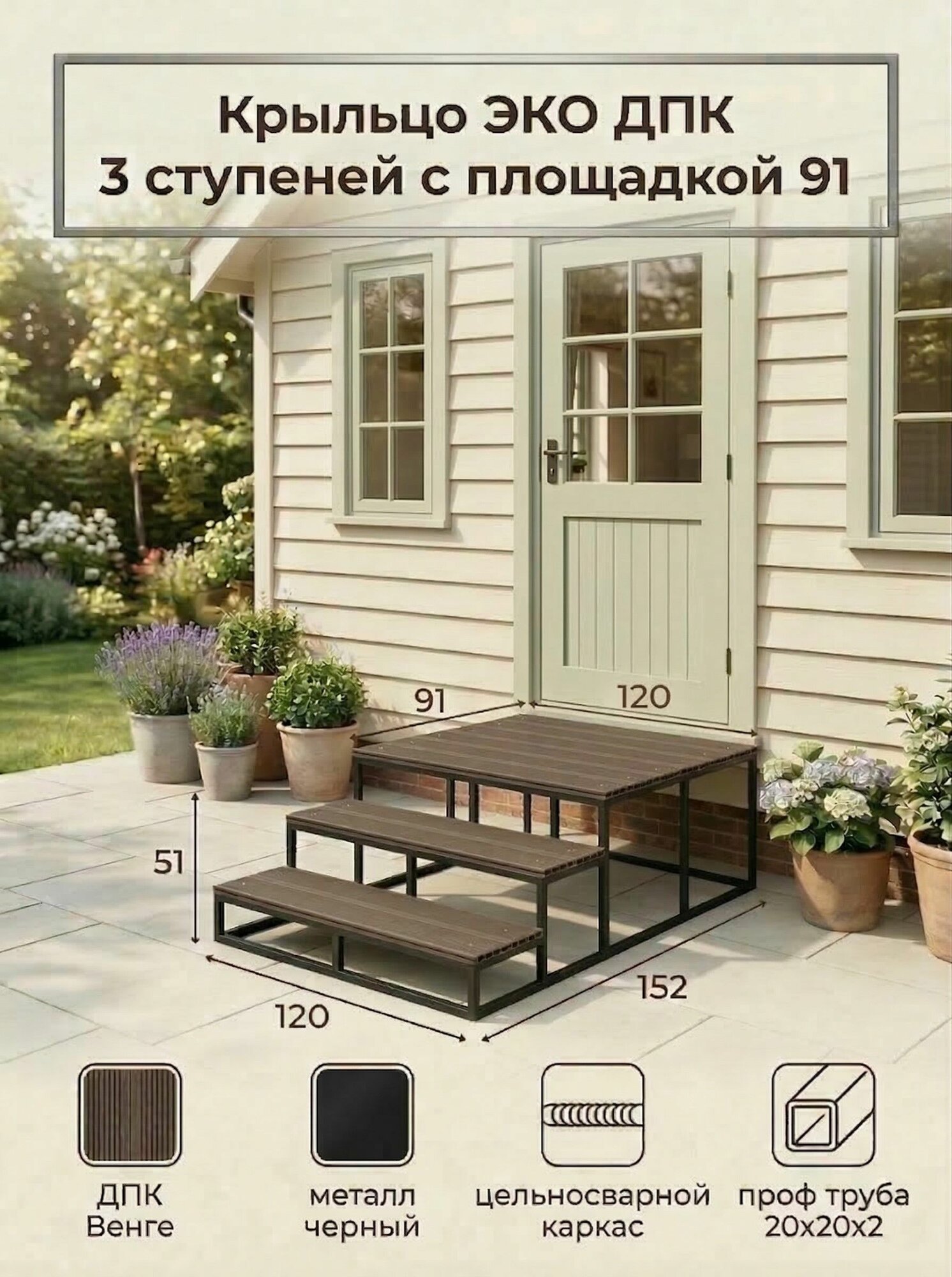 Крыльцо Эко 3 ступени из ДПК с площадкой 90 см, ширина 120, 51х120х153 см