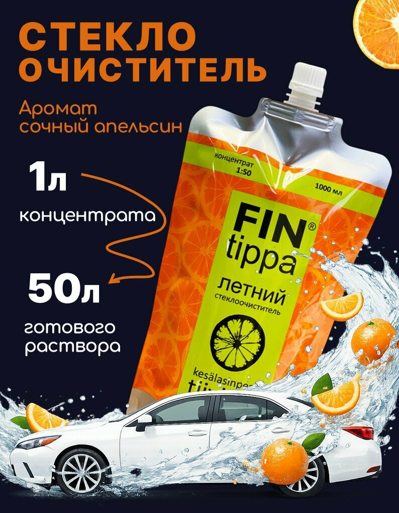 Омыватель стекол, FIN Tippa, апельсин, концентрат, 1литр, летняя омывайка, жидкость стеклоомывателя