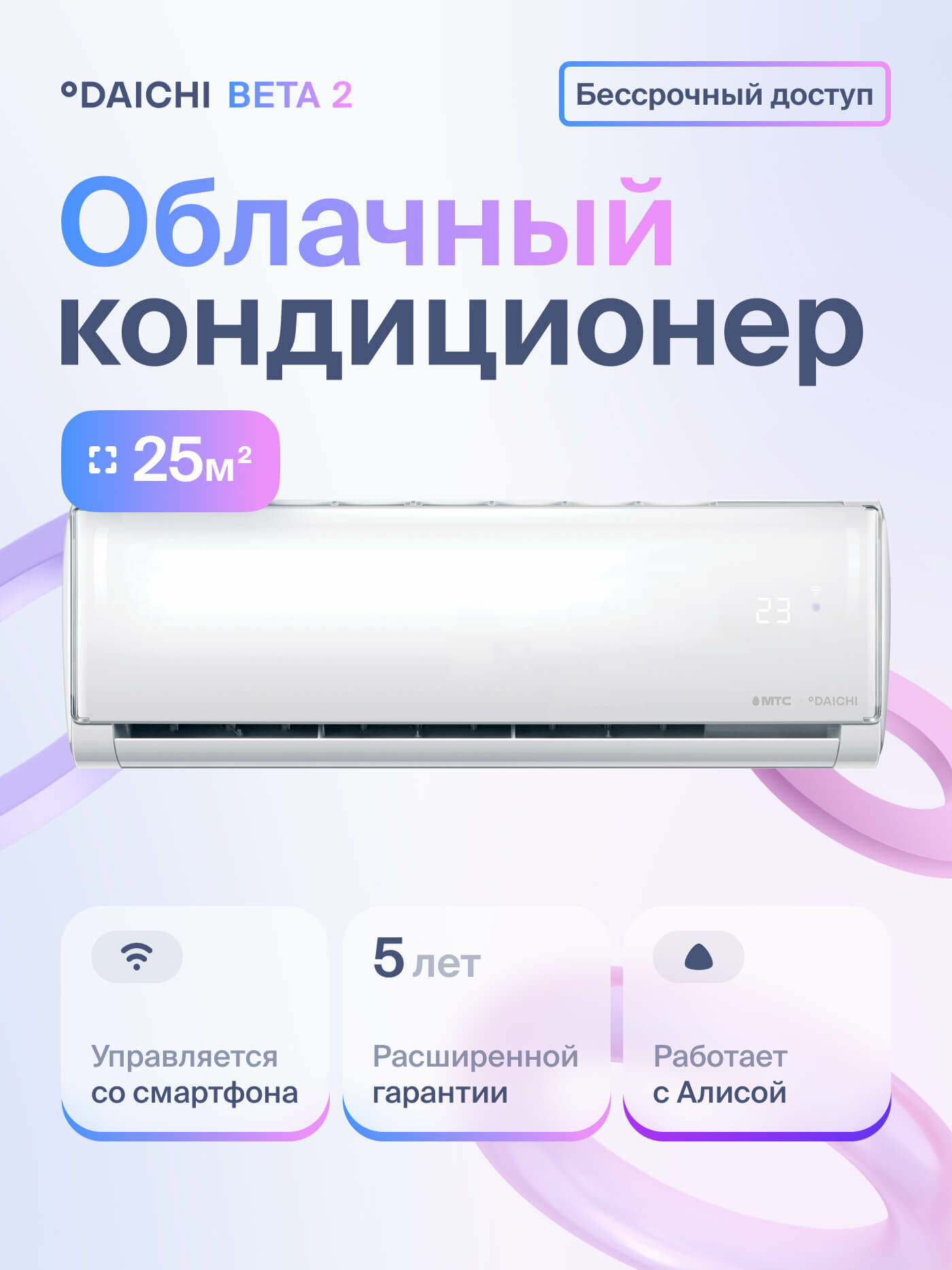 Умный облачный кондиционер (сплит-система) Daichi B25AVQ2_UNL до 25 кв. м (+бессрочная подписка), через Wi-Fi, интернет