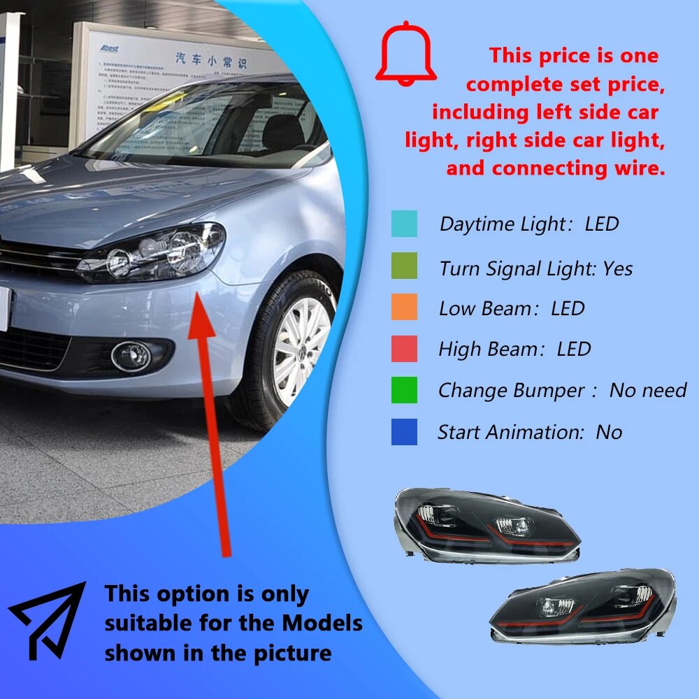 Для VW Golf 6 2009-2013 Сборка автомобильных фар LED Projector Последовательный поворотный сигнал Plug and Play Линза проектора Инструменты для автомобиля