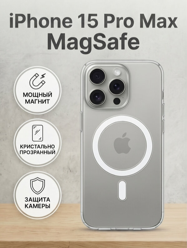 Прозрачный силиконовый чехол для iPhone 15 PRO MAX / прозрачный чехол на Айфон 15 PRO MAX с поддержкой MagSafe