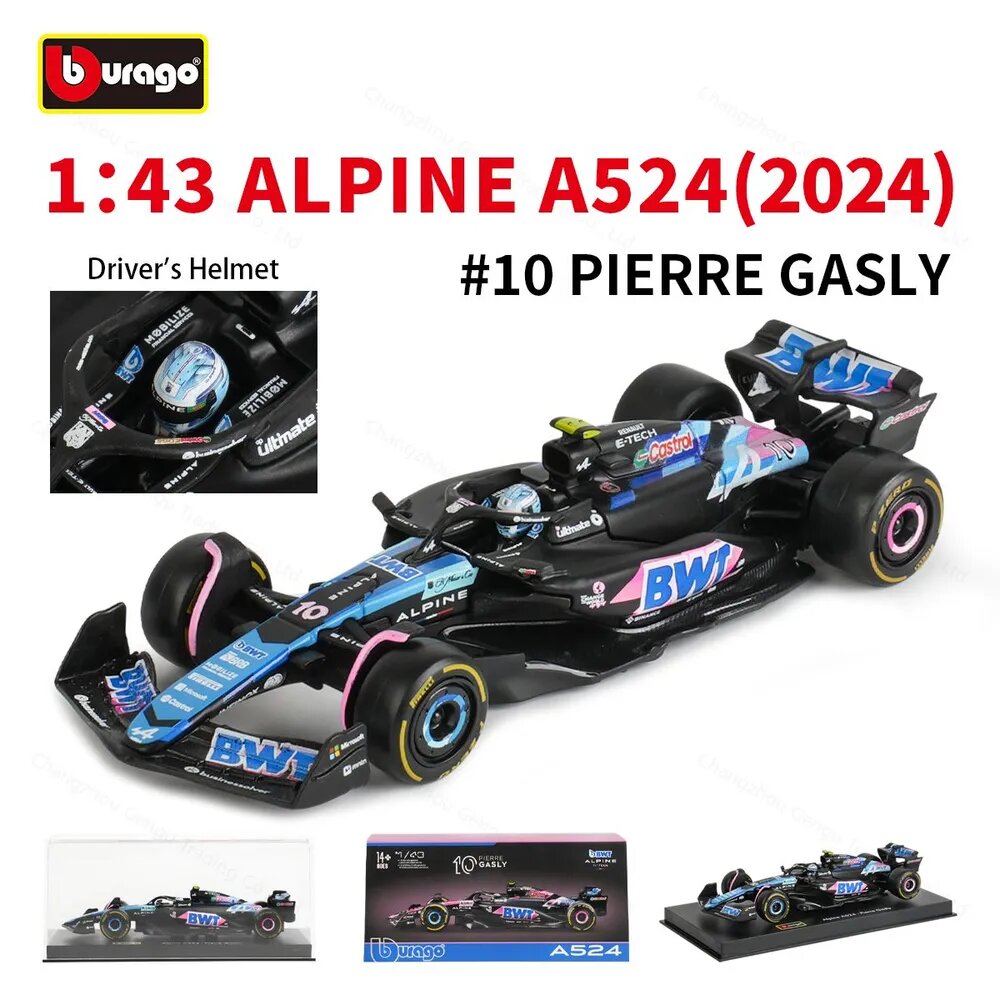 Акриловая прозрачная коробка Bburago 1:43 2024 BWT Alpine A 524 Японский Формульный болид Формулы-1, Литые под давлением автомобили, коллекционная модель гоночных игрушек