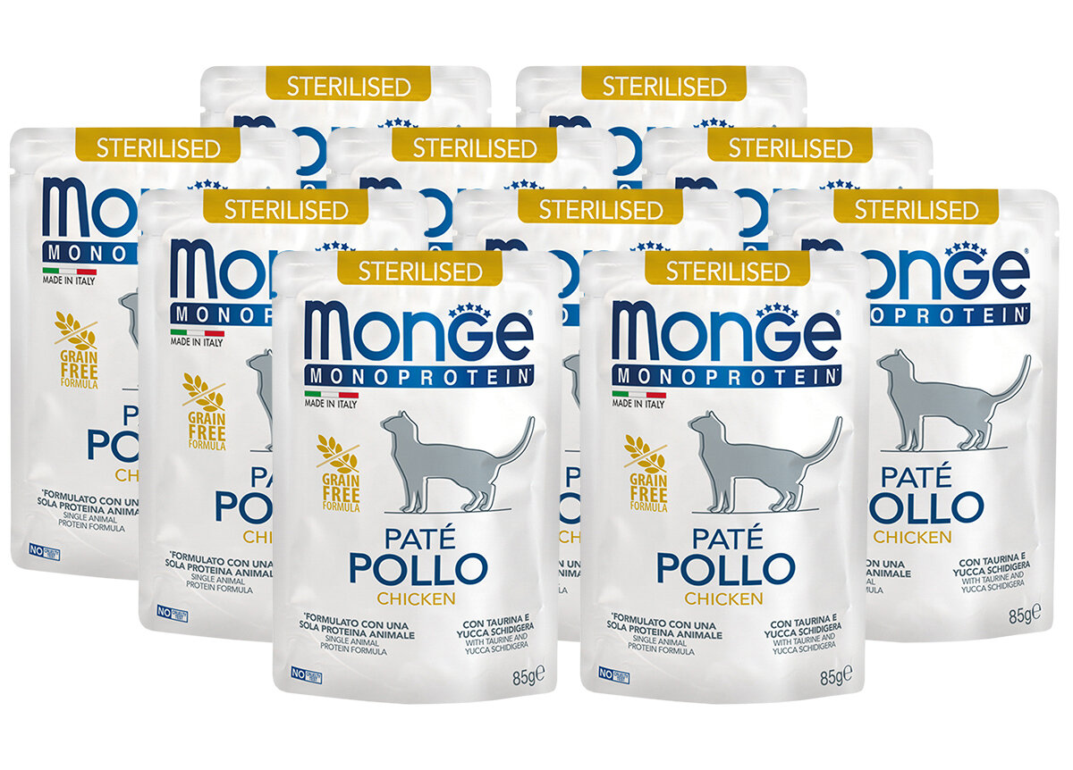 Корм влажный Monge Monoprotein Cat Sterilised монобелковые для взрослых кастрированных котов и стерилизованных кошек с курицей пауч, 85 г 10 шт