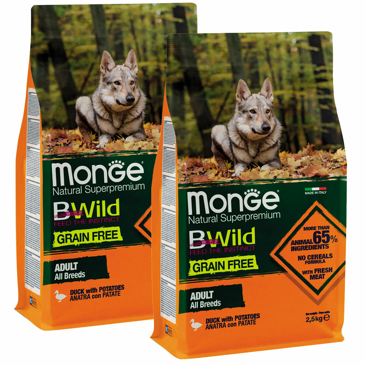 Корм сухой Monge Bwild Grain Free Dog Adult All Breeds Duck беззерновой для взрослых собак всех пород, утка, картофель, 2,5 кг 2 шт