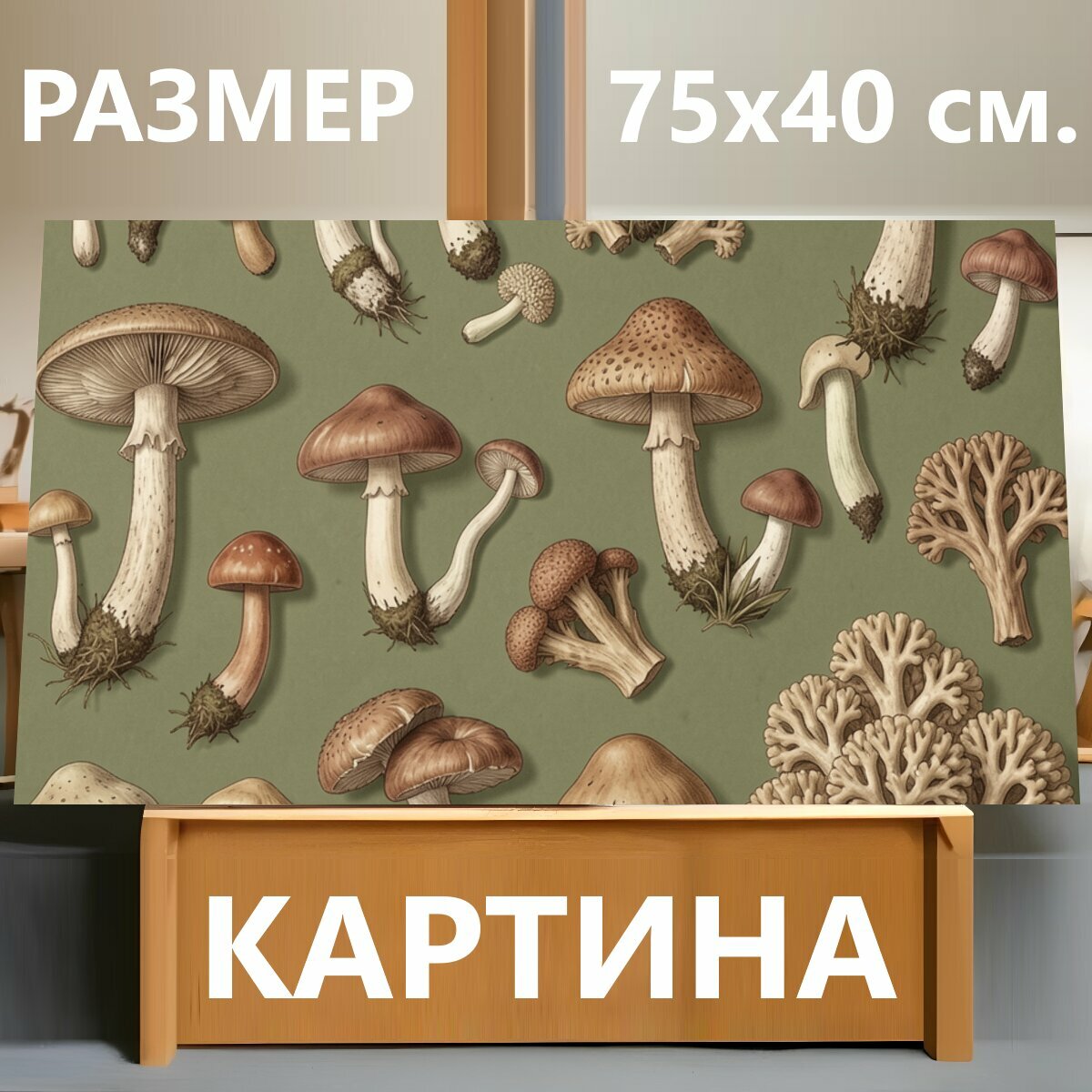 Картина на холсте "Лесные грибы и коралловые грибки. Ботаническая композиция с разными лесными грибами и ветвистыми грибными формами." на подрамнике 75х40 см. для интерьера